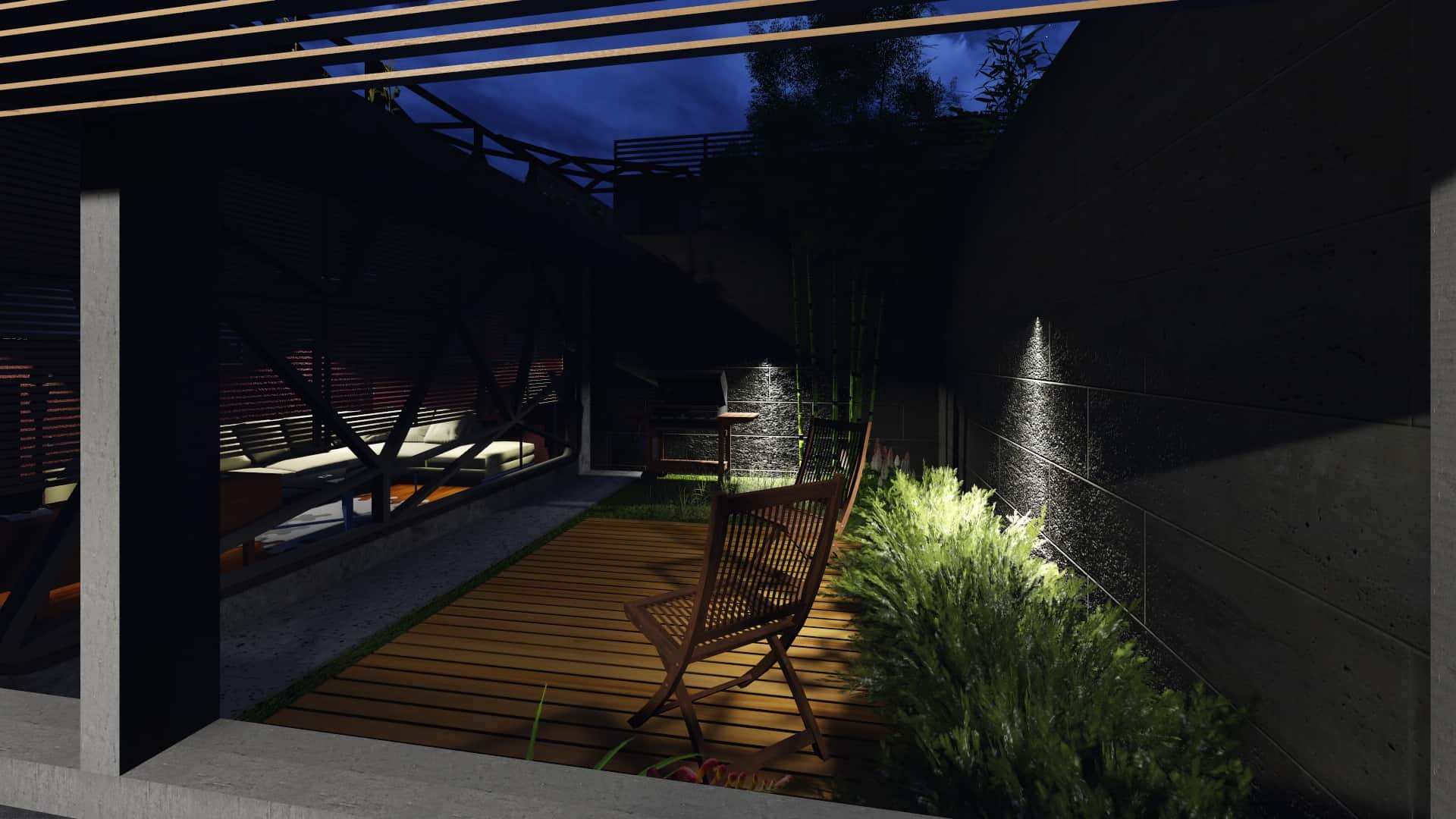 Living Place / House, Interior / Exterior Night Render | Interior Designio